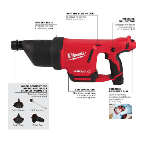 2572B-20 - Milwaukee 2572B-20 - M12 AIRSNAKE Drain Cleaning Air Gun ...