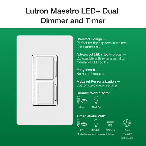 MACL-L3T251-AL - Lutron MACL-L3T251-AL - Maestro Dual LED+ Control Dimmer & Timer 120V, 75W, 2 ...