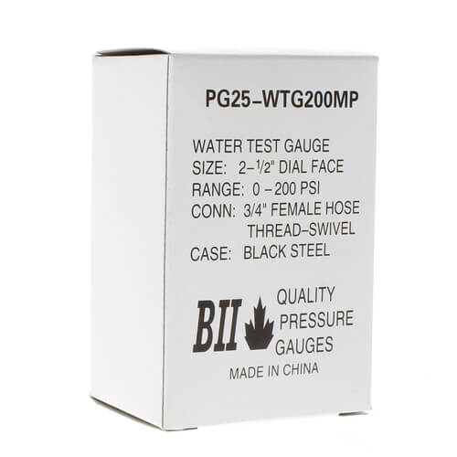 PG25-WTG200MP - Boshart PG25-WTG200MP - Water Test Gauge, 3/4" Hose Thread